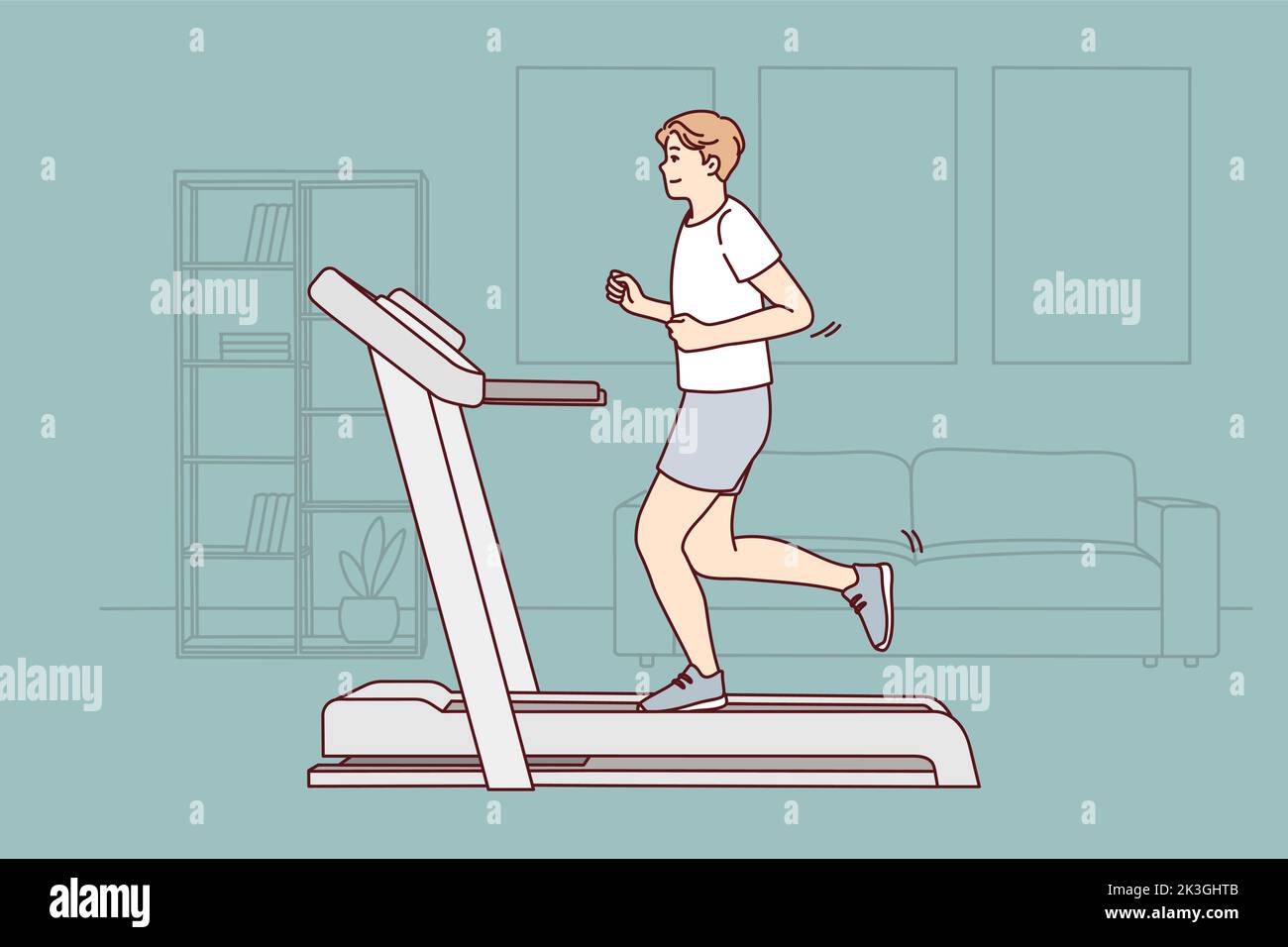 Young sportive man in sportswear running on racetrack at home. Toned ...