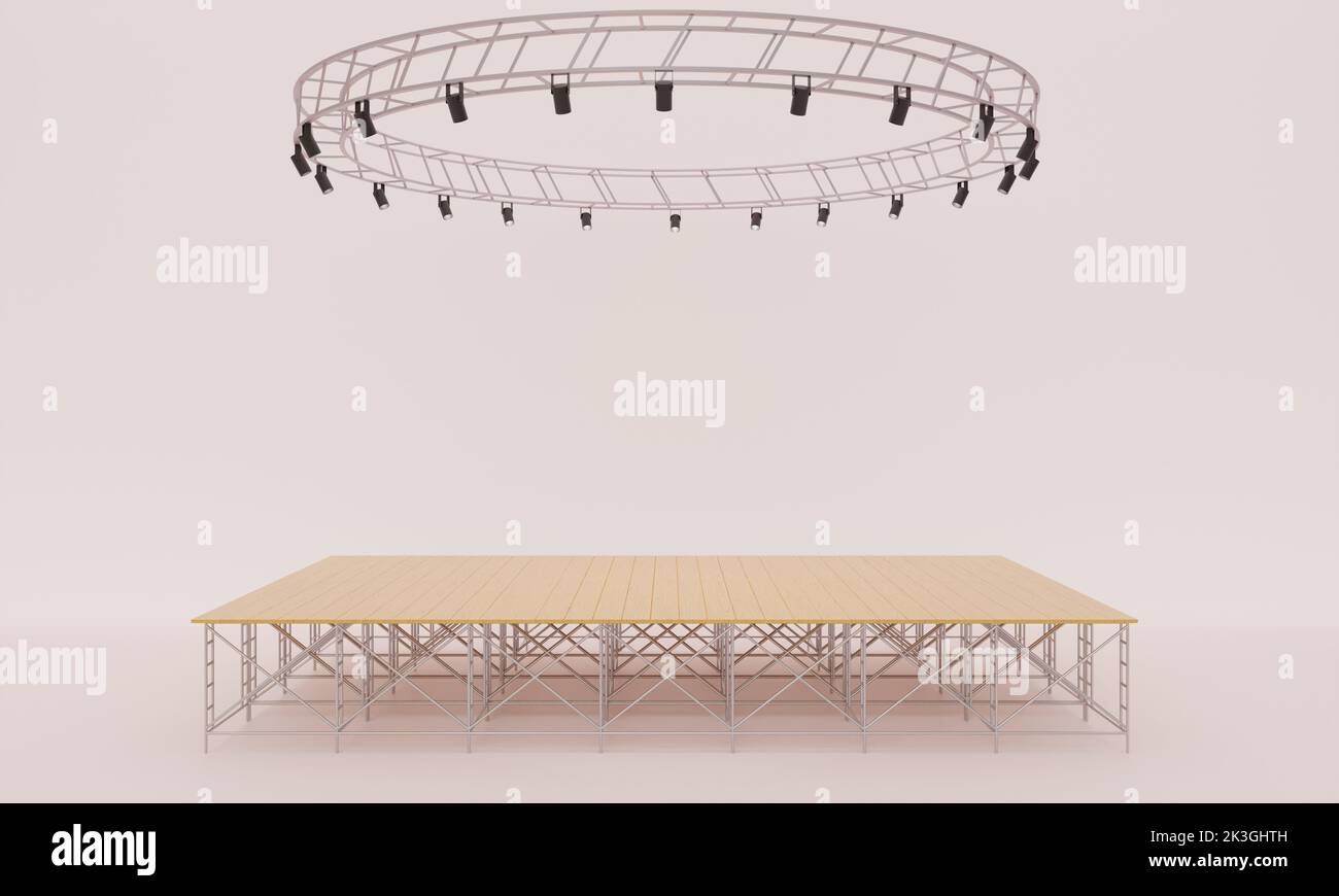 wood stage and speaker with spotlight on the truss system on the white ...