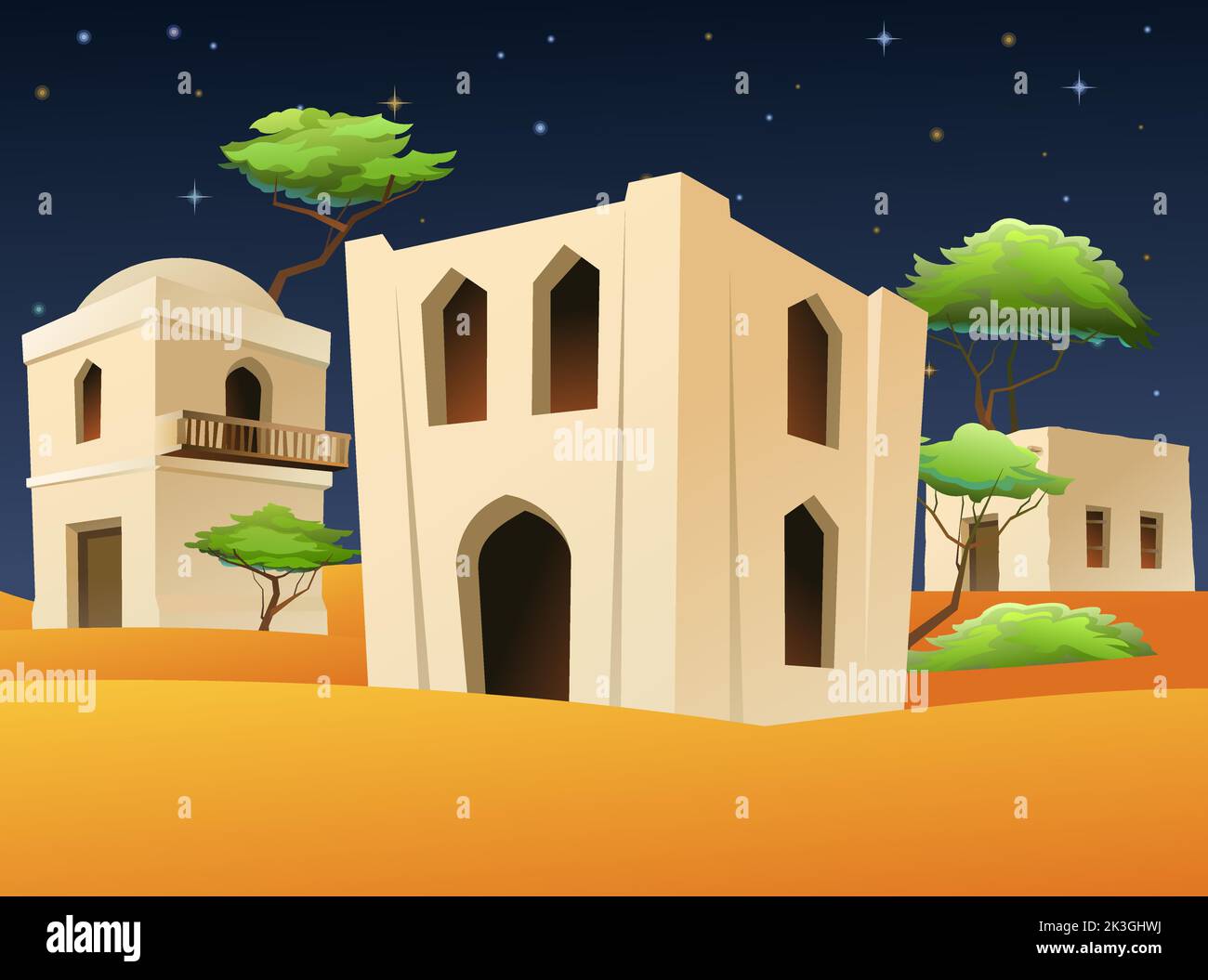 Arab clay double decker hut. Night landscape. Middle Eastern adobe ...