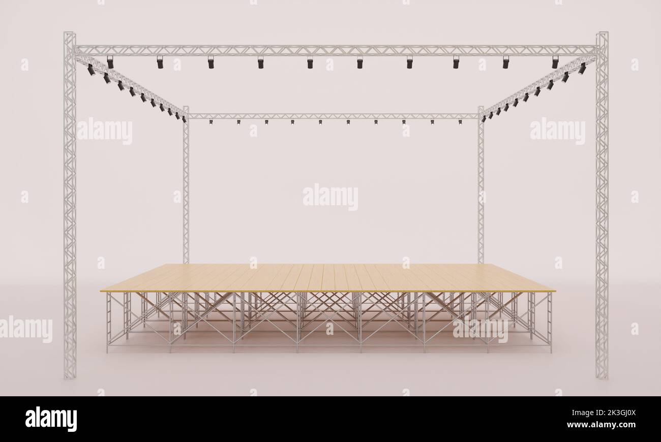 wood stage and speaker with spotlight on the truss system on the white ...