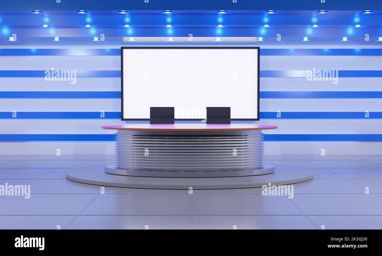 wood table and lcd background in the news studio room.3d rendering ...