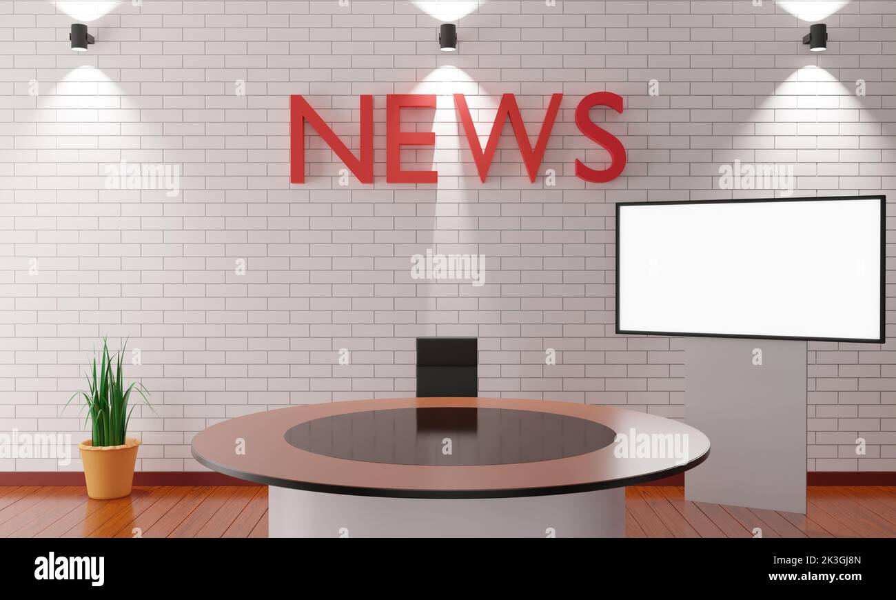 wood table and lcd background in the news studio room.3d rendering ...