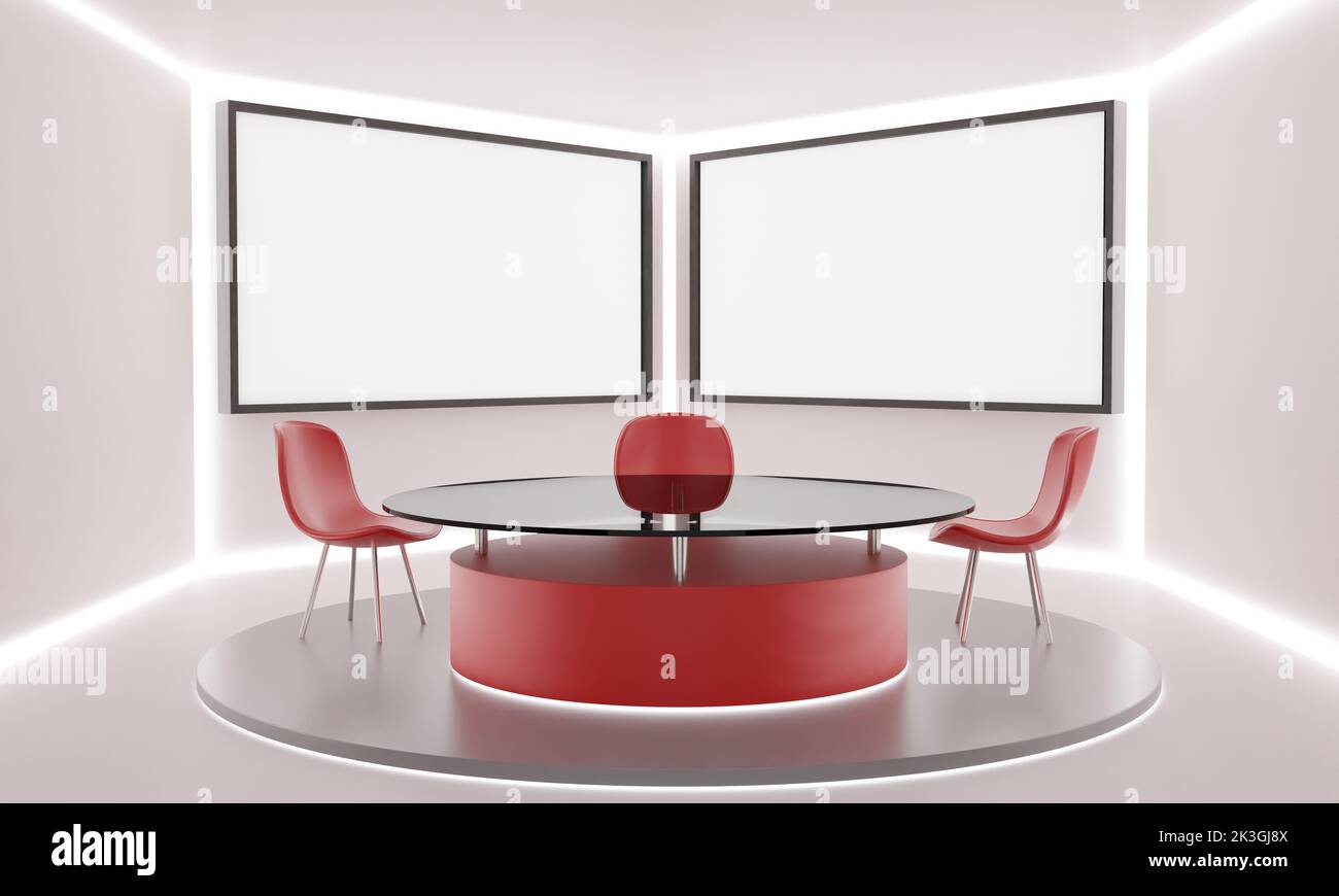 glass table and lcd background in the news studio room.3d rendering ...