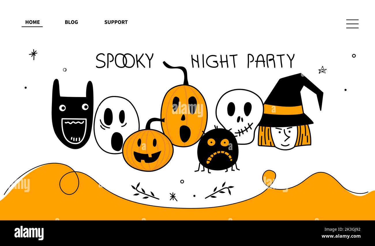 WEB page with creepy faces pumpkin, witch, spider, ghost, skull and ...