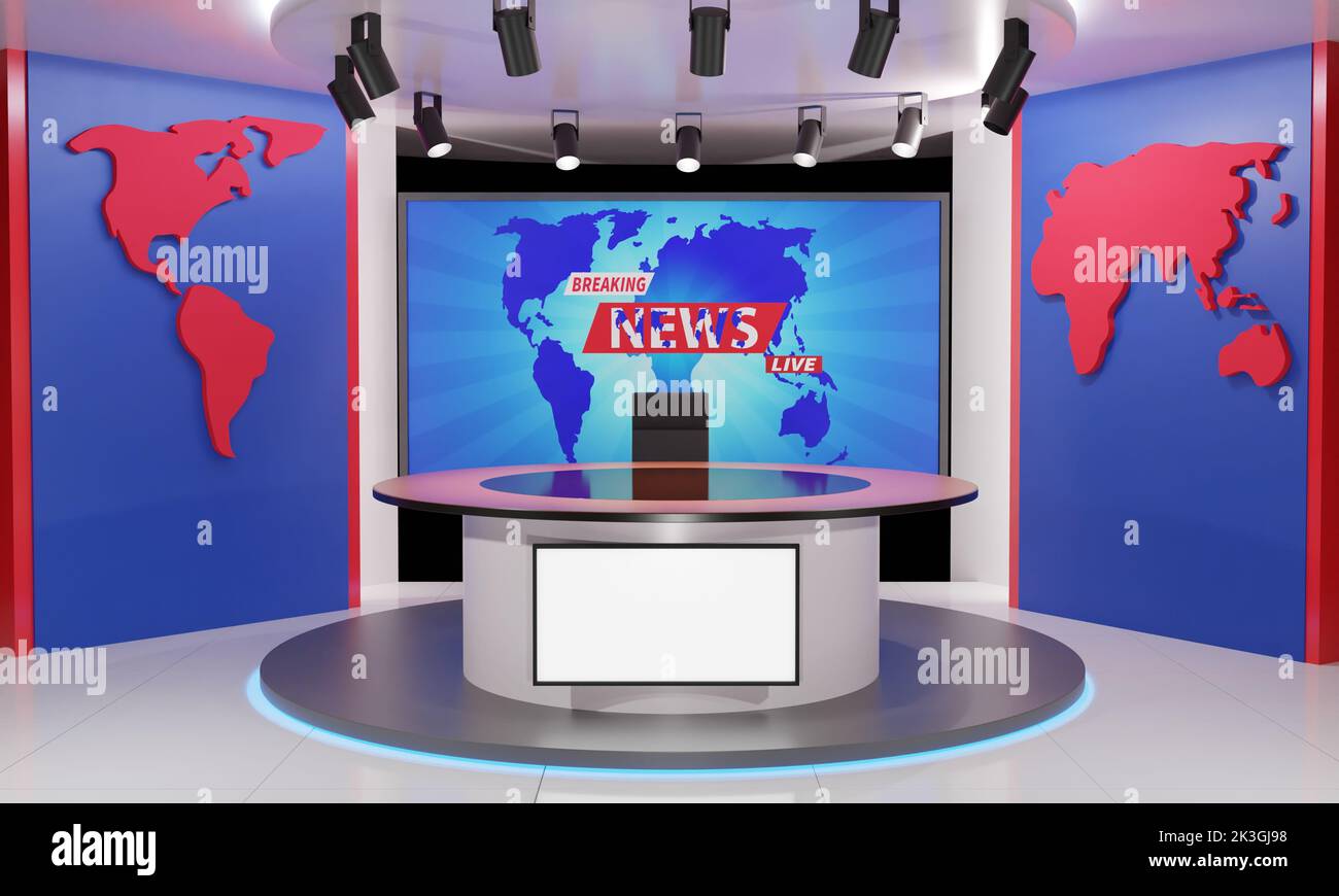 wood table and lcd background in the news studio room.3d rendering ...