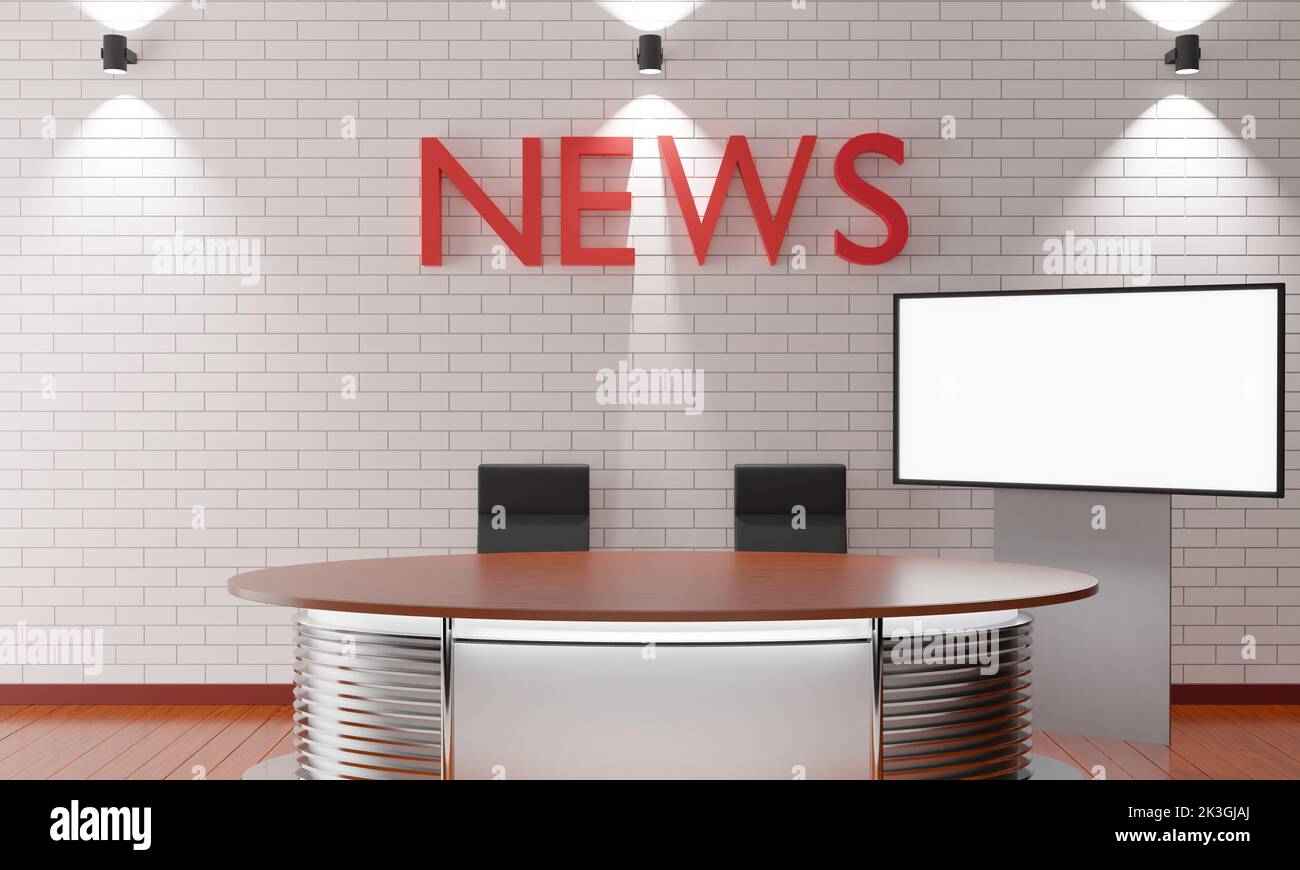 wood table and lcd background in the news studio room.3d rendering ...
