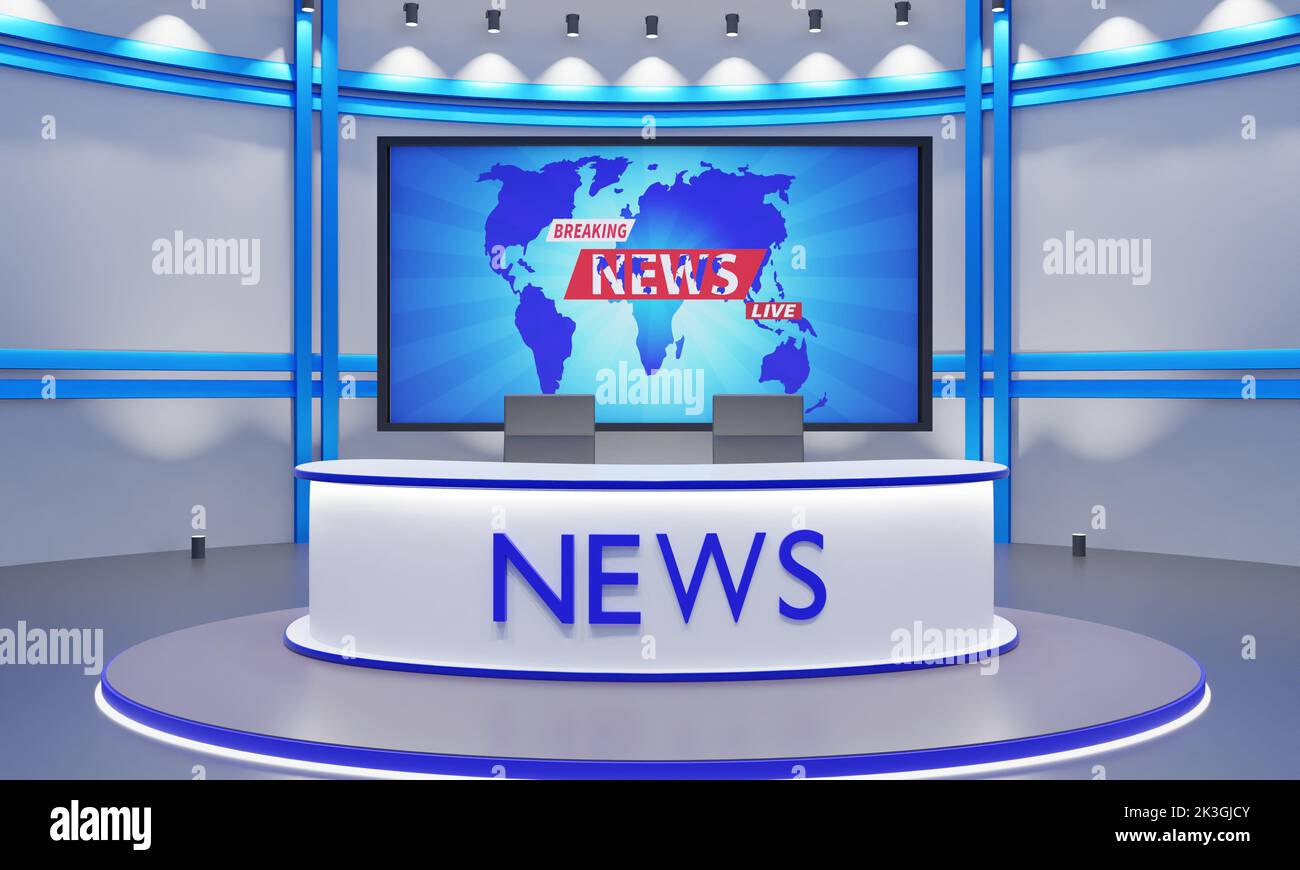 white table on stand with led screen background in the blue news studio ...