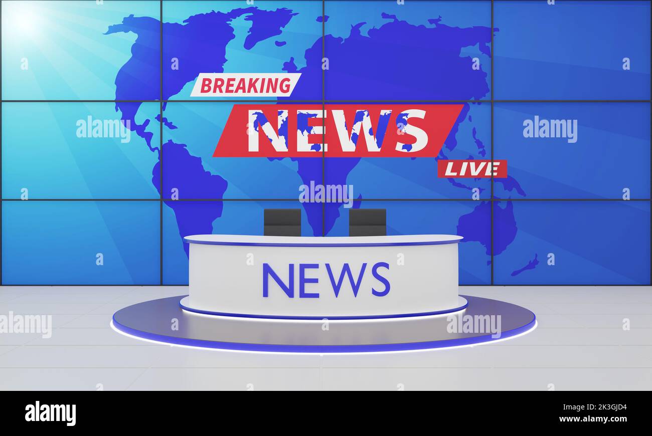 white table on stand with led screen background in the blue news studio ...