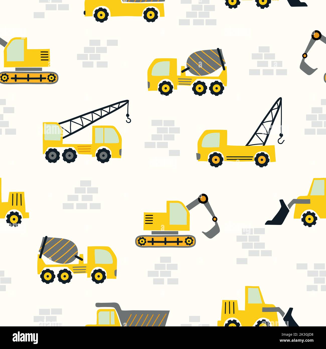 Construction pattern with cartoon yellow trucks. Vector seamless ...