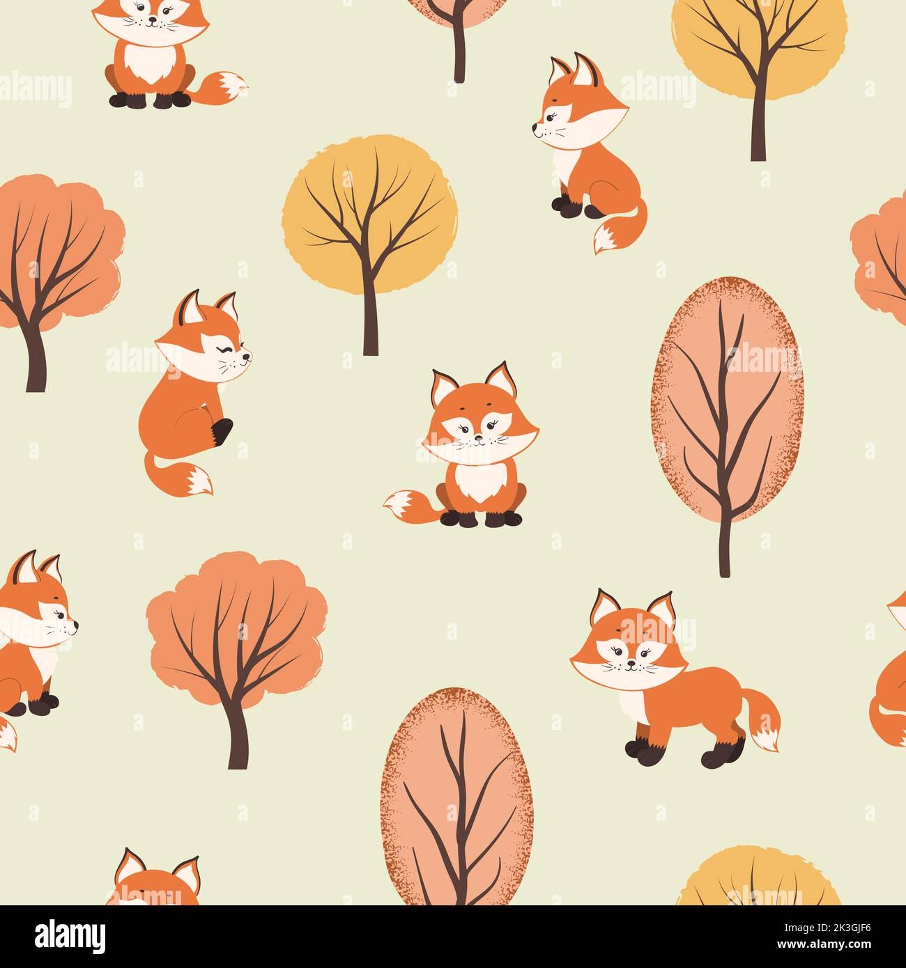 Cartoon foxes in the woodland. Seamless autumn forest pattern with cute ...