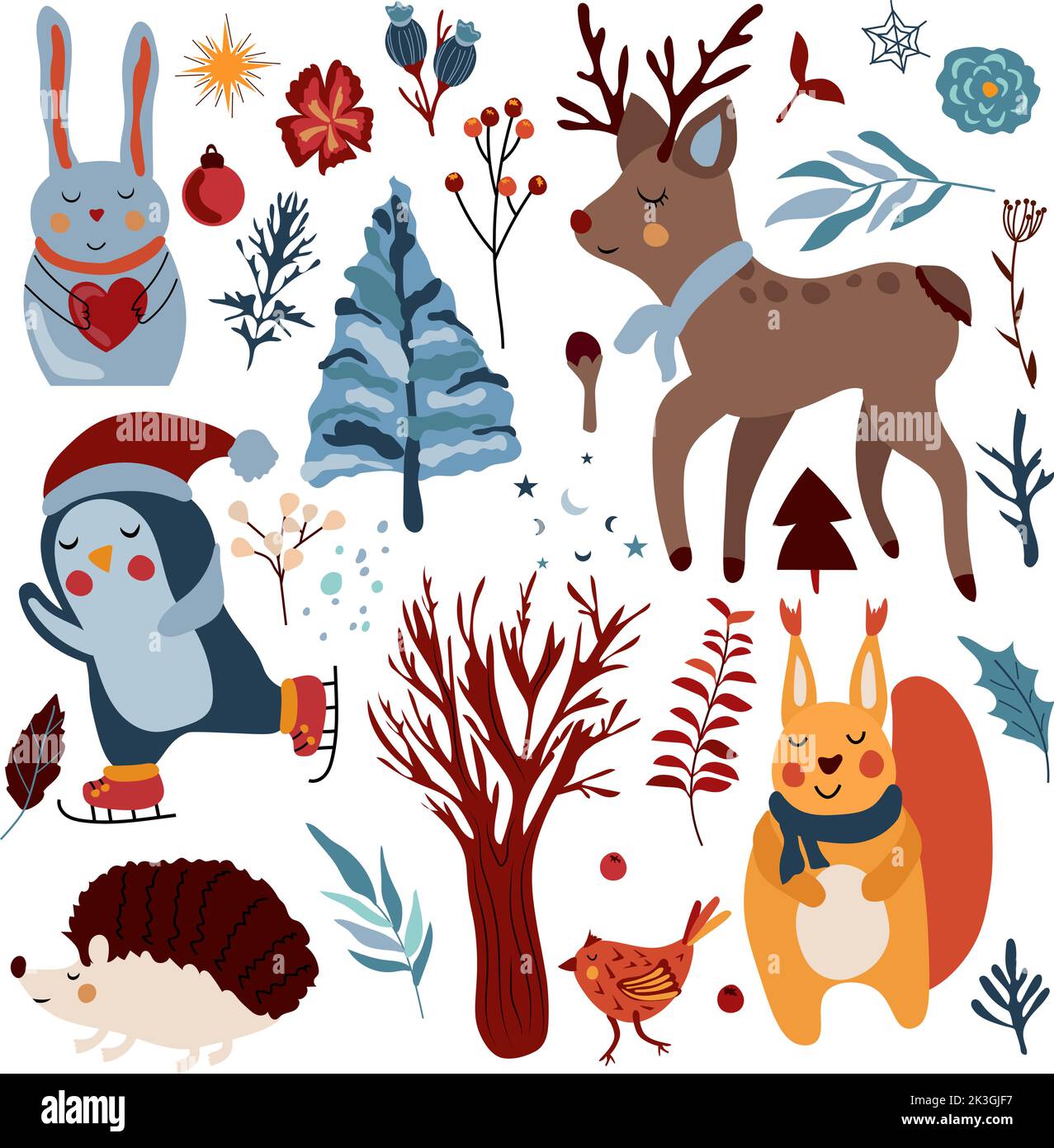Magic winter animals, cute penguin on skates, reindeer, funny squirrel ...