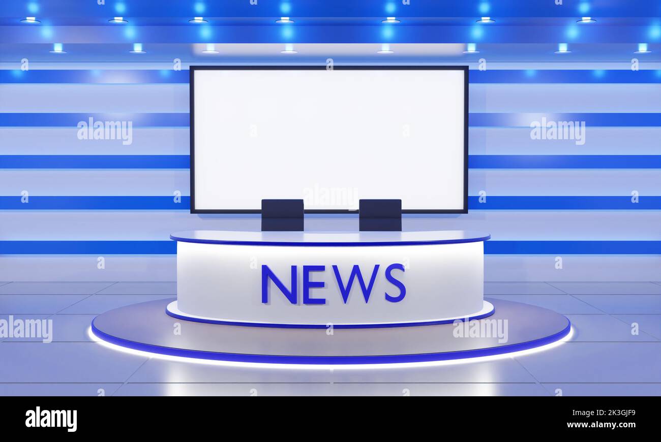 wood table and lcd background in the news studio room.3d rendering ...