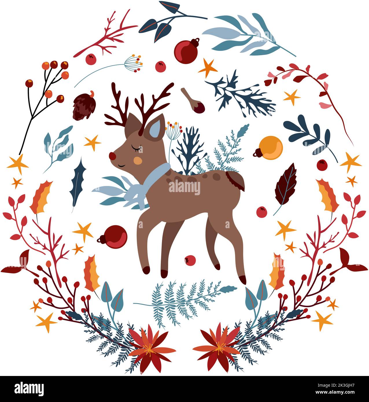 Magical winter, background with a cute deer in a scarf in a wreath ...