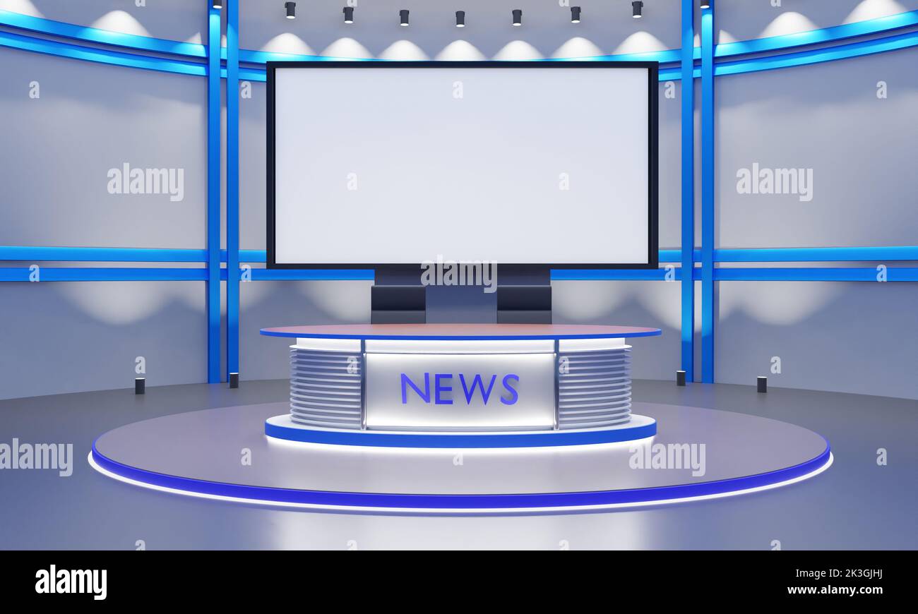 wood table and lcd background in the news studio room.3d rendering ...