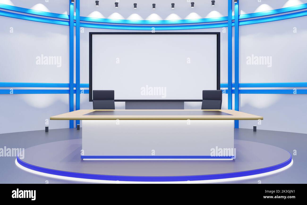 wood table and lcd background in the news studio room.3d rendering ...