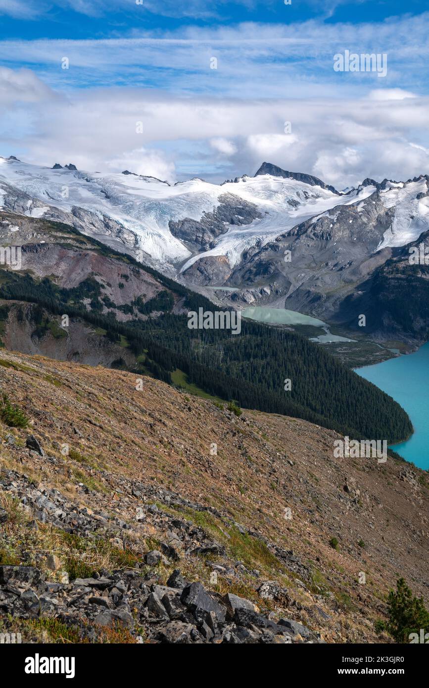 View of Isosceles Peak and its glacial melt feeding into Garibaldi Lake ...