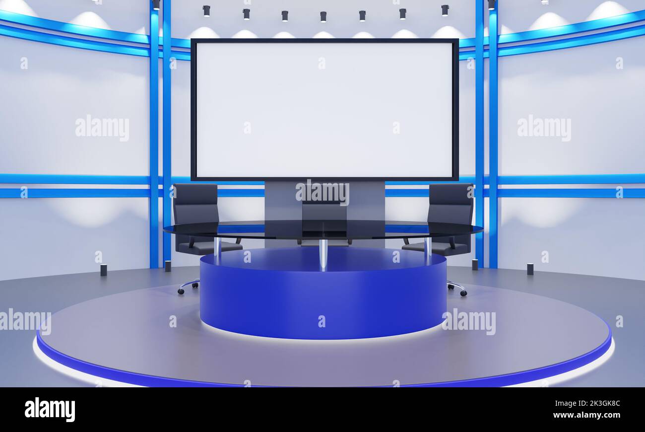 glass table and lcd background in the news studio room.3d rendering ...