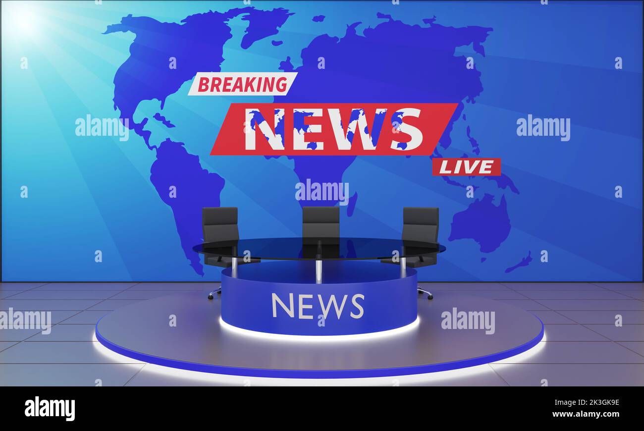 glass table and lcd background in the news studio room.3d rendering ...