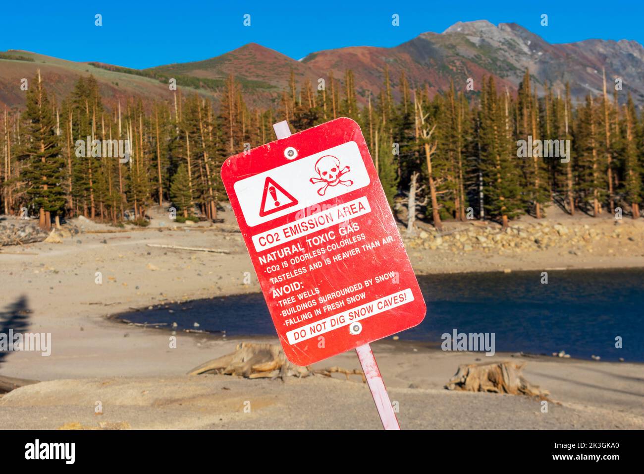 CO2, Carbon dioxide, emission area warning sign at Horseshoe Lake near ...