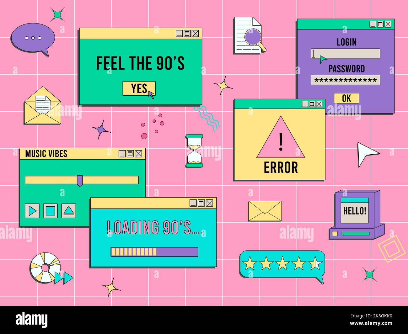 Set of vaporwave UI and UX elements. PC retro game frame. Nostalgic ...
