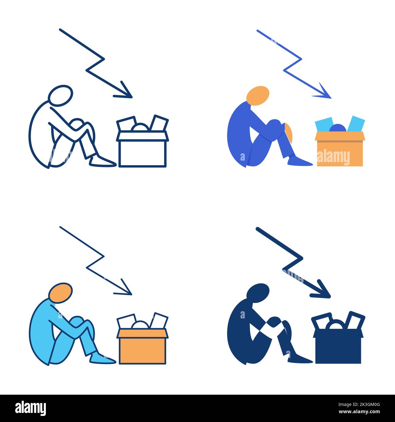 Dismissal due to financial crisis icon set in flat and line style. Sad ... Dismissal due to financial crisis icon set in flat and line style. Sad ...