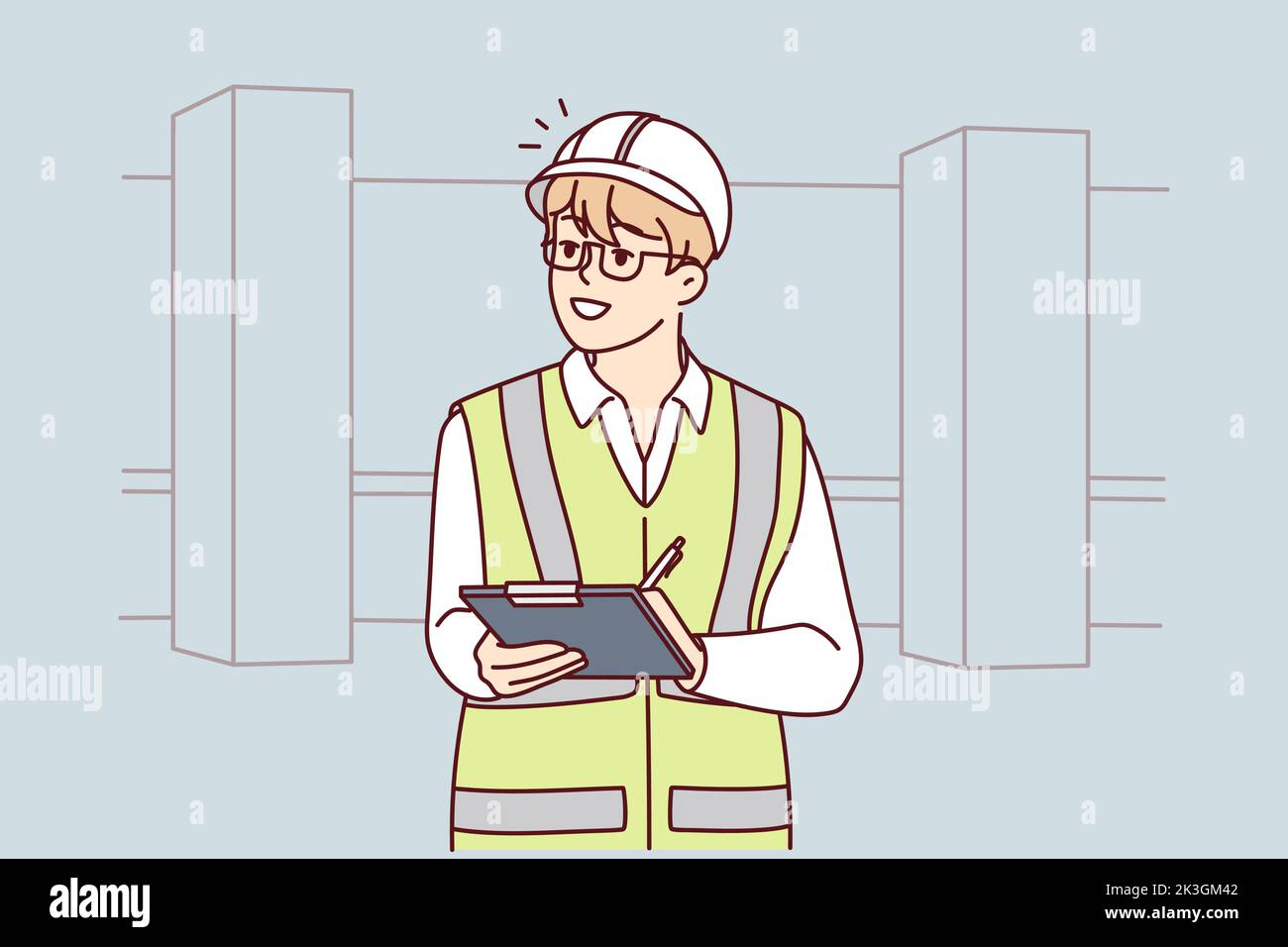 Male engineer in uniform and helmet on construction site. Man ...