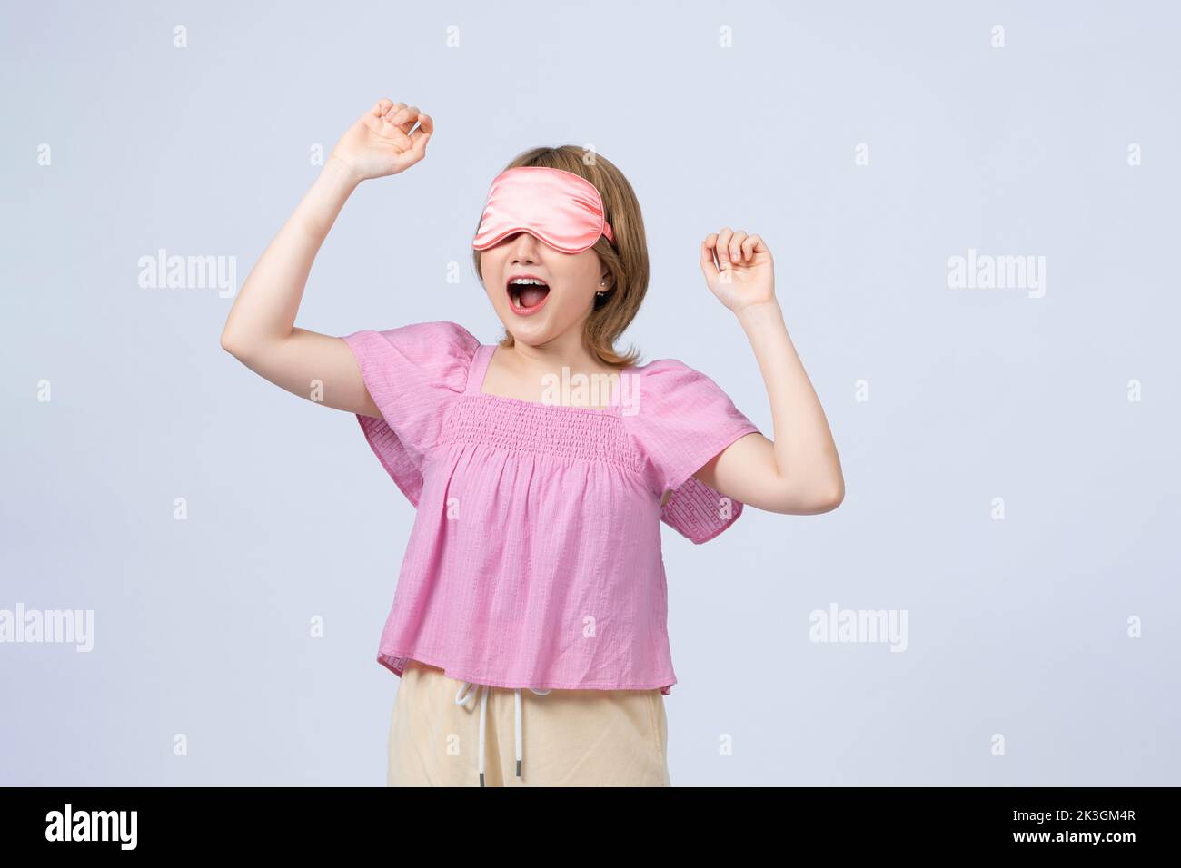 Sleepy Female Wakes Up Early Yawns Covers Mouth With Hand Wears