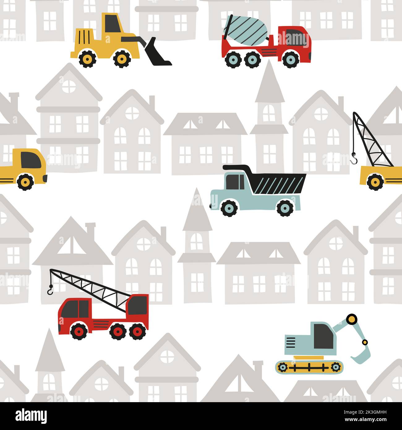 Construction pattern with cartoon colorful trucks and buildings Stock ...