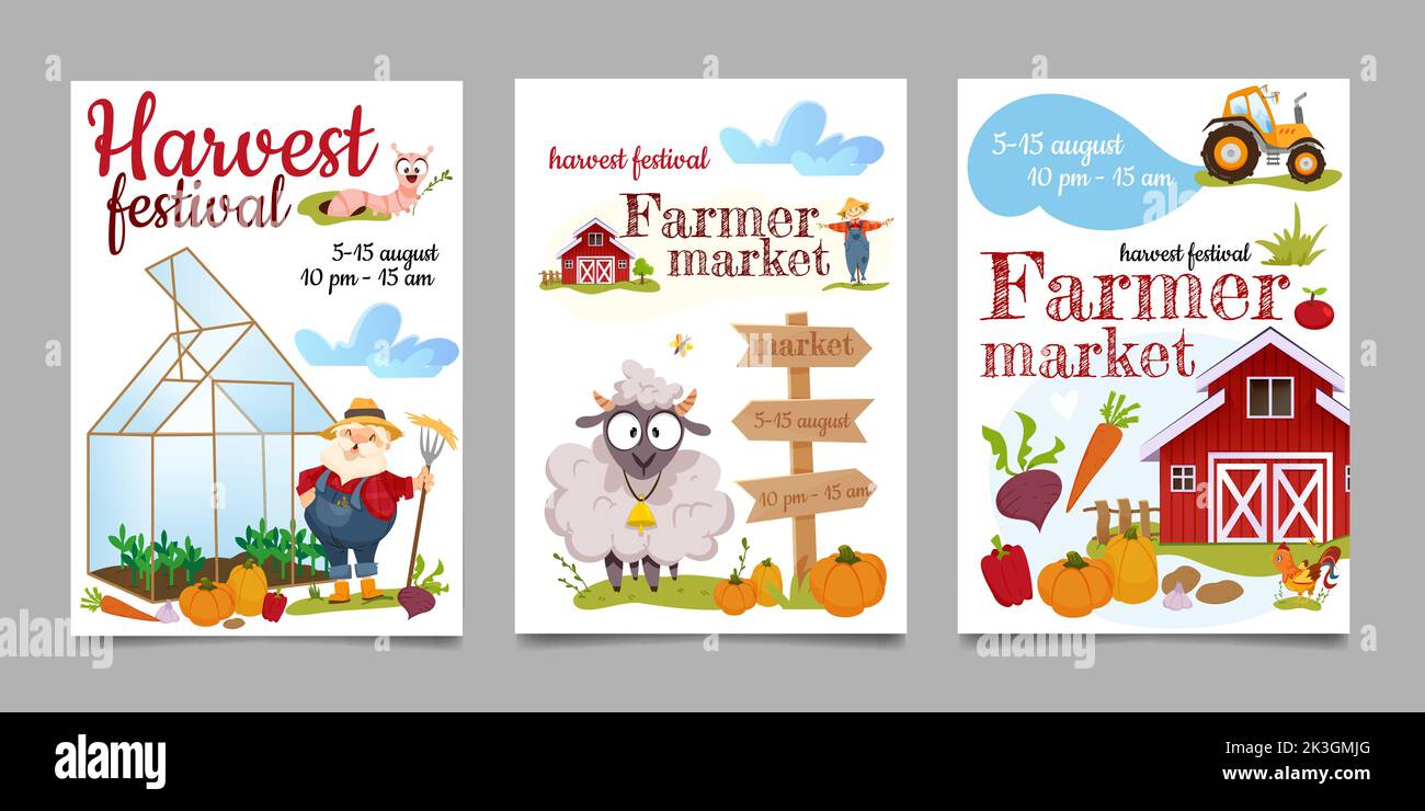 Cartoon festival posters of harvest festival. Farm local market ...