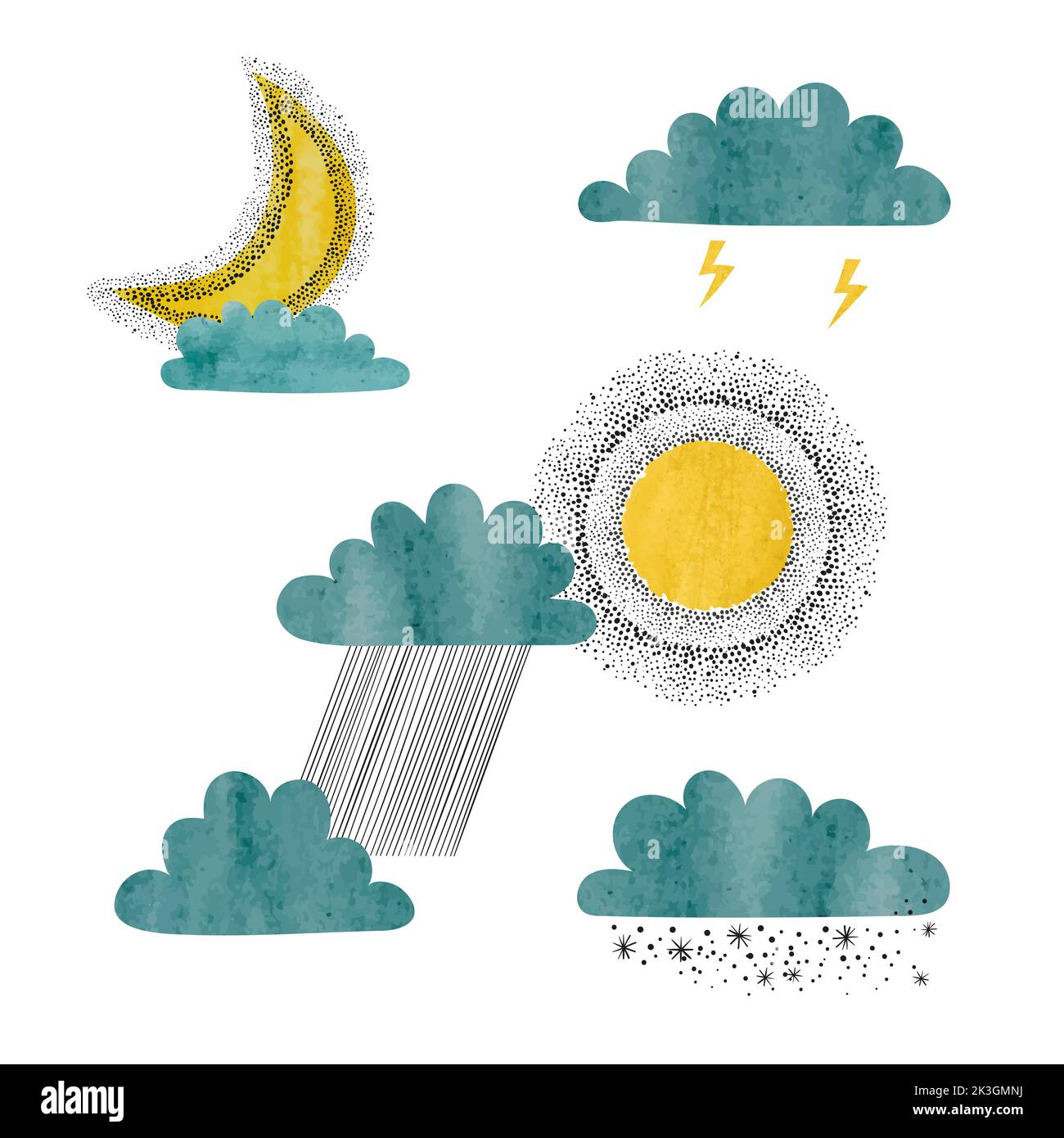 Set of watercolor sun, moon, clouds and rain. Vector illustration Stock ...