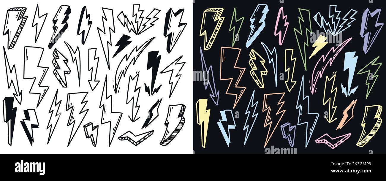 Hand drawn doodle lightning bolt signs set vector illustration ...