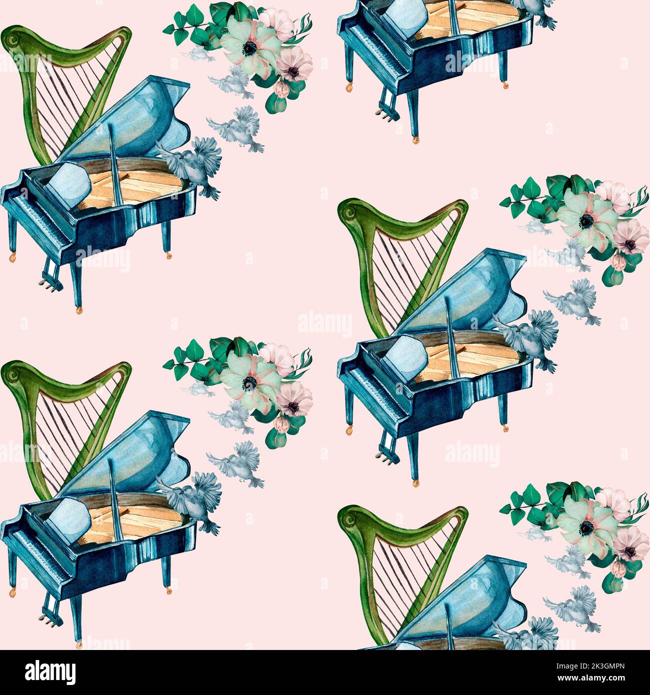 Grand piano, harp and flowers watercolor seamless pattern on beige ...