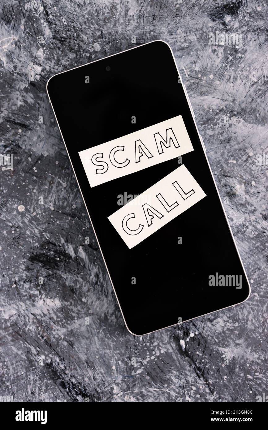 scam calls and personal data theft concept, smartphone with text on it ...