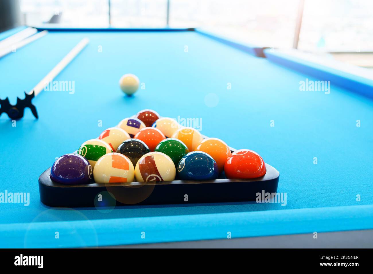 Billiard balls set on the table with a cue, snooker pool Stock Photo ...