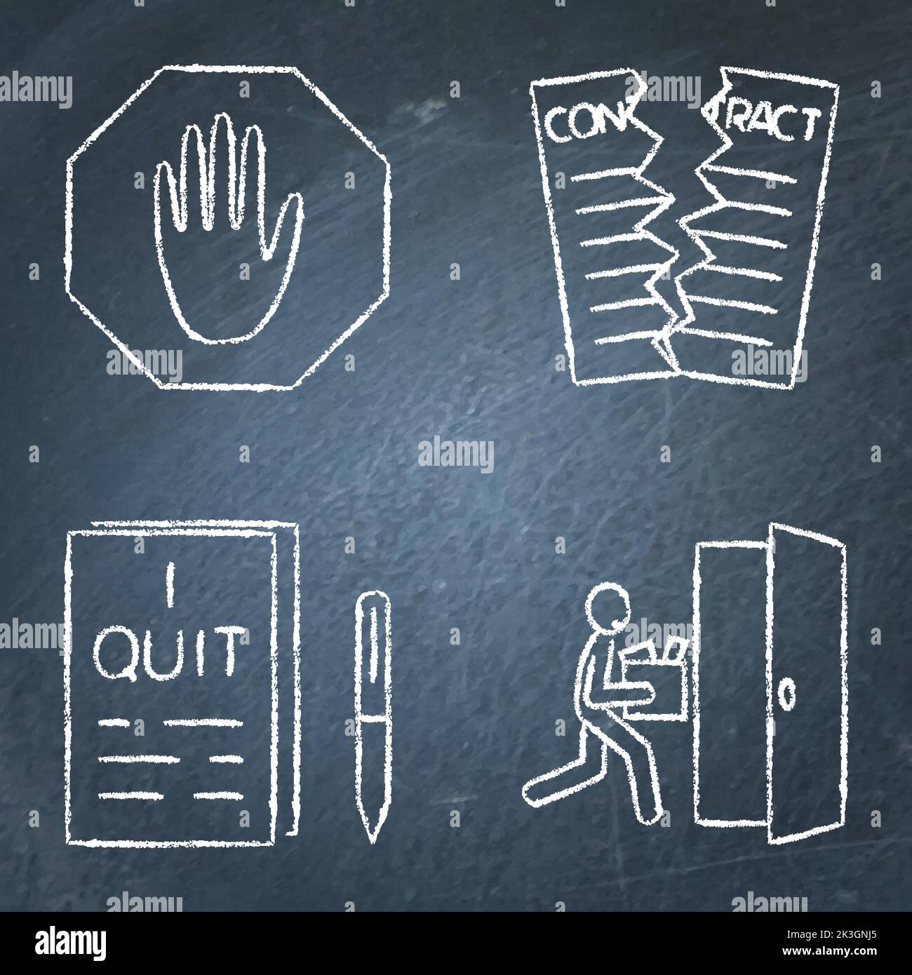 Quitting job icon set on chalkboard. Resignation, contract break ...
