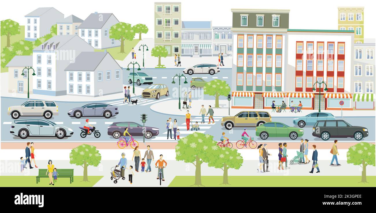 Suburb With Pedestrians And Families On The Sidewalk Illustration Stock ...