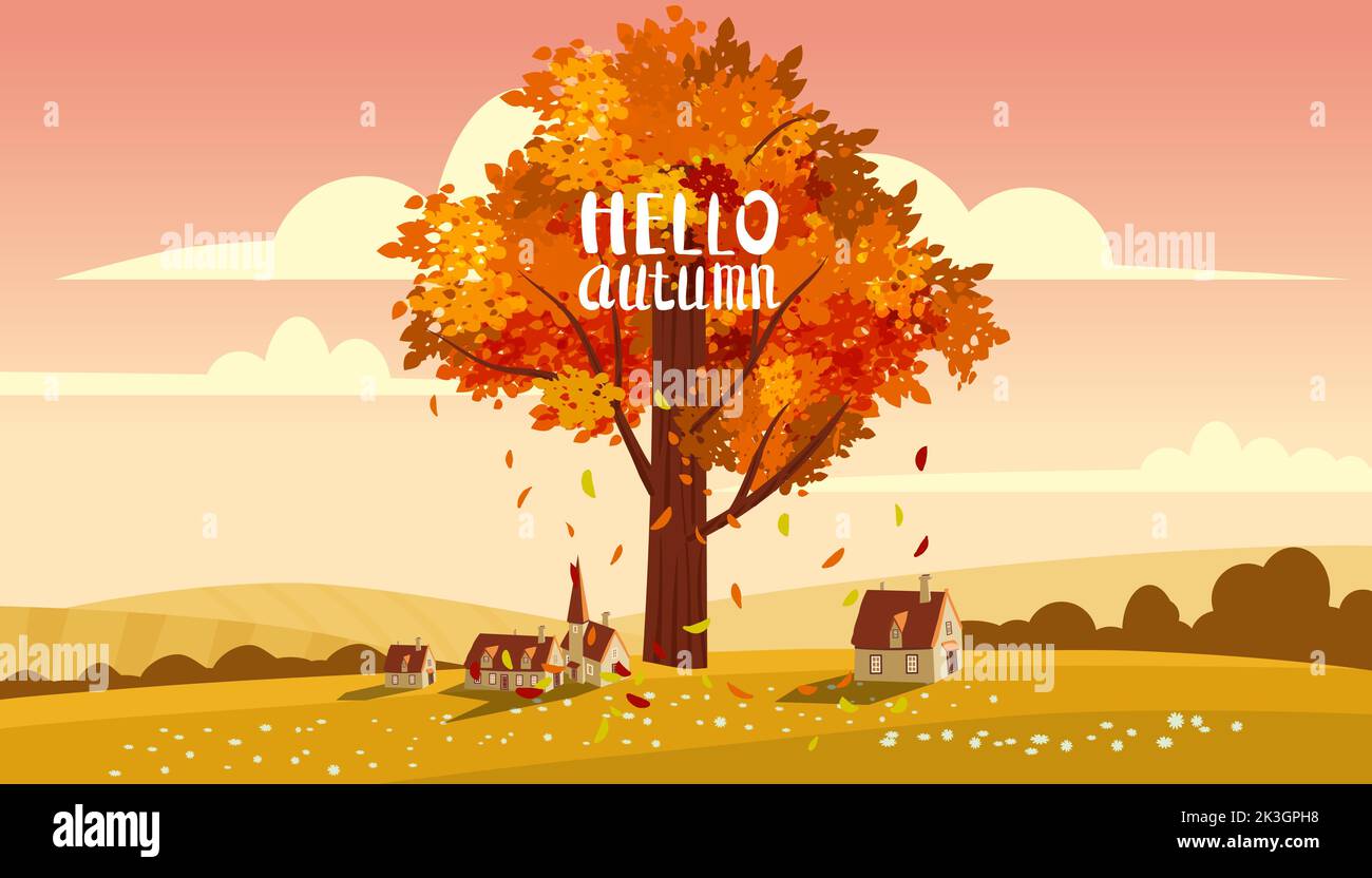 Hello Autumn landscape countryside farm scene, poster. Rural fall view ...