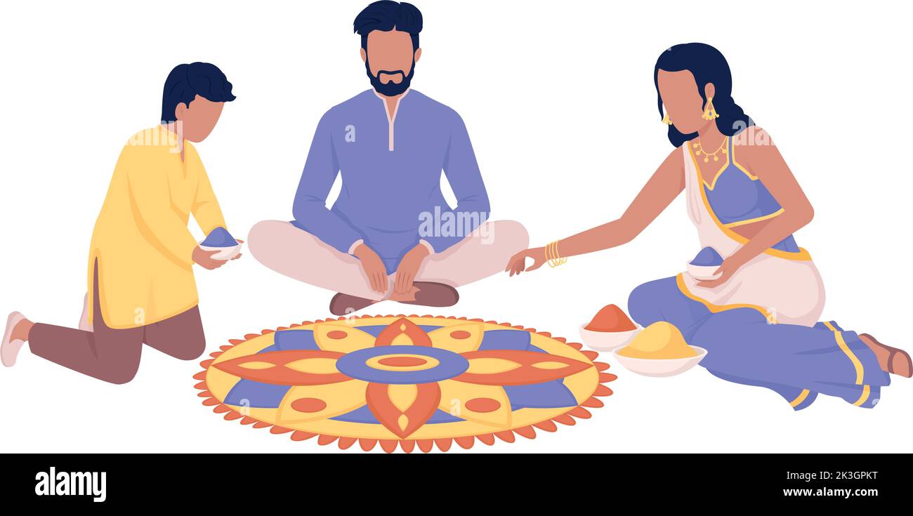 Indian family making rangoli design semi flat color vector characters ...