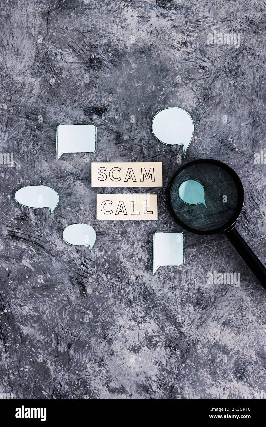 scam calls and personal data theft concept, text surrounded by comic ...