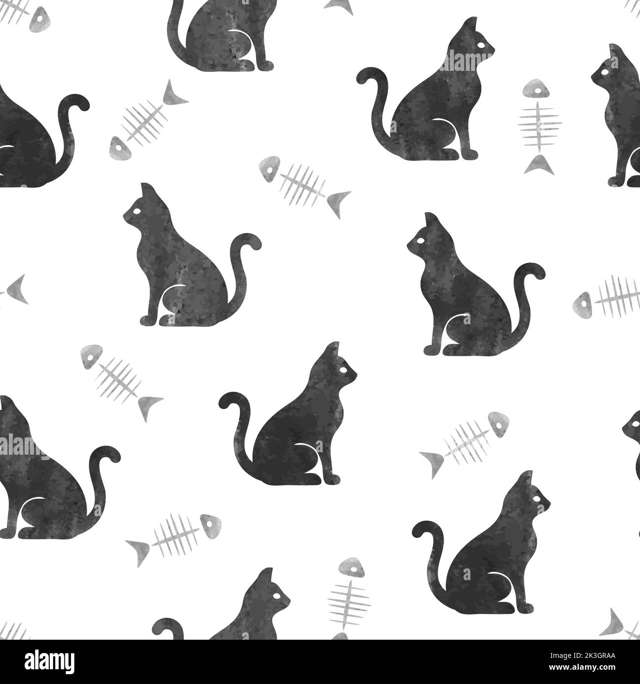 Seamless pattern with watercolor black cats and fishbones. Vector ...