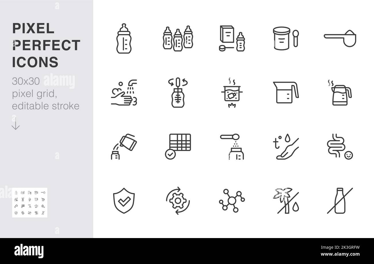 Baby food line icon set. Infant formula - bottle, wash hands, sterilize, digestion minimal ...