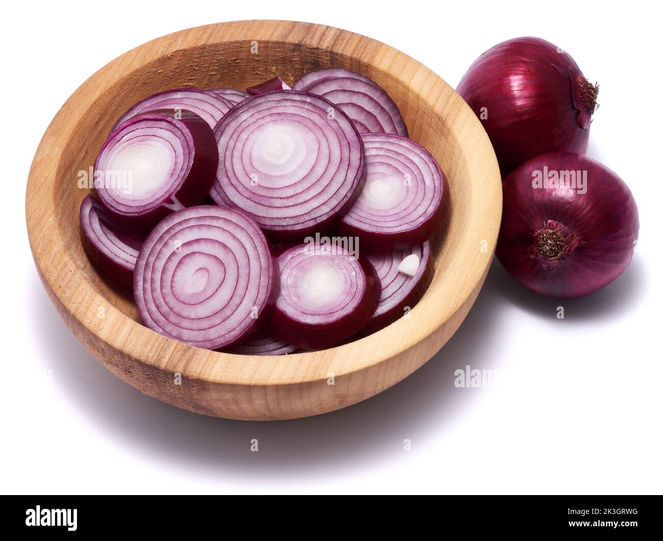 Sliced Red Onion in wooden bowl isolated on white background Stock ...