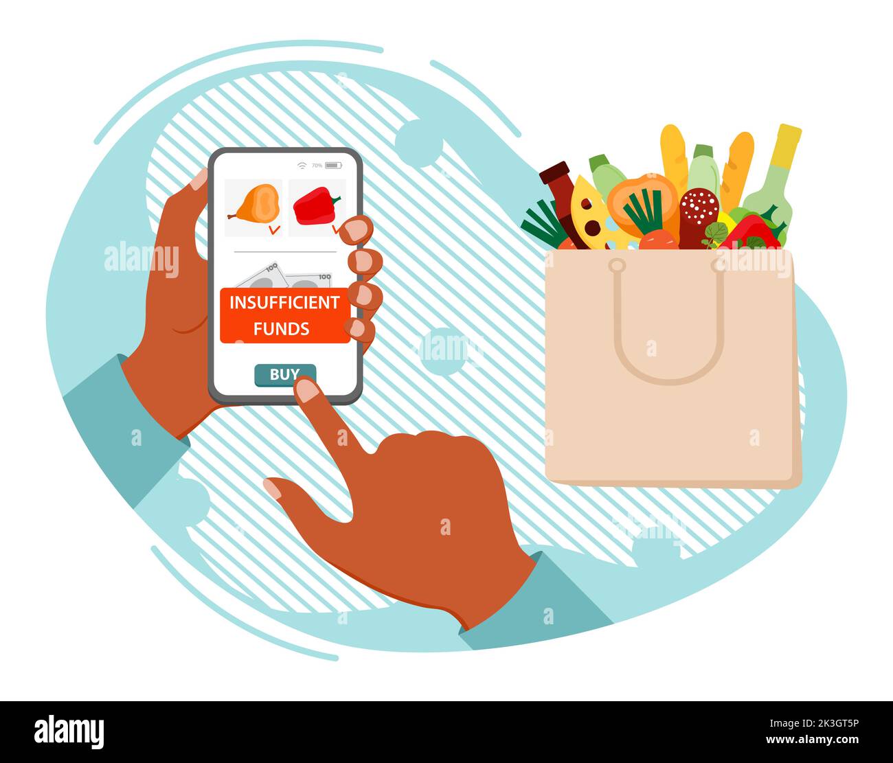 Vector illustration Hand holds cell phone with app message insufficient ...