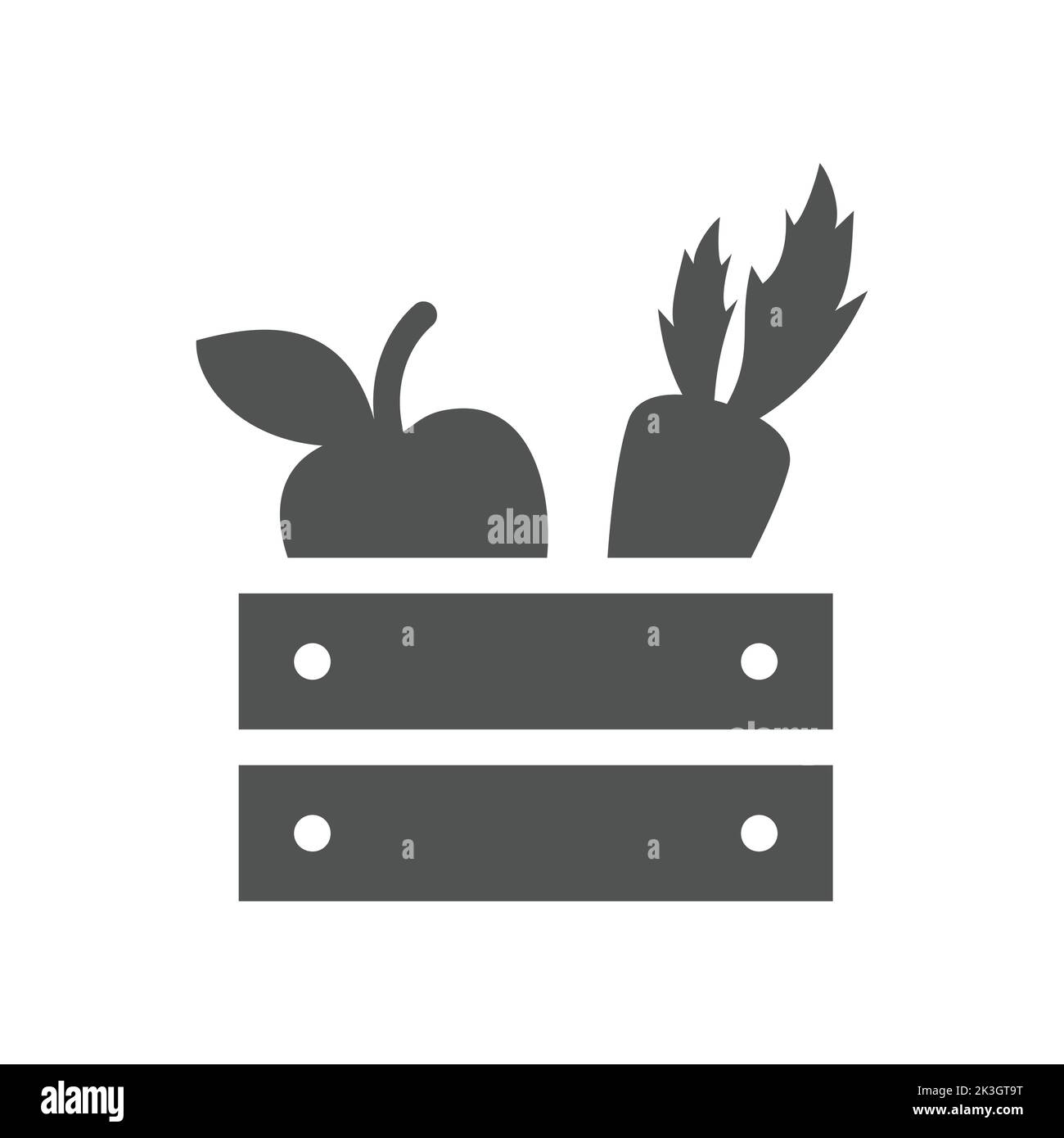Farm food crate vector icon. Carrot and apple groceries in basket ...