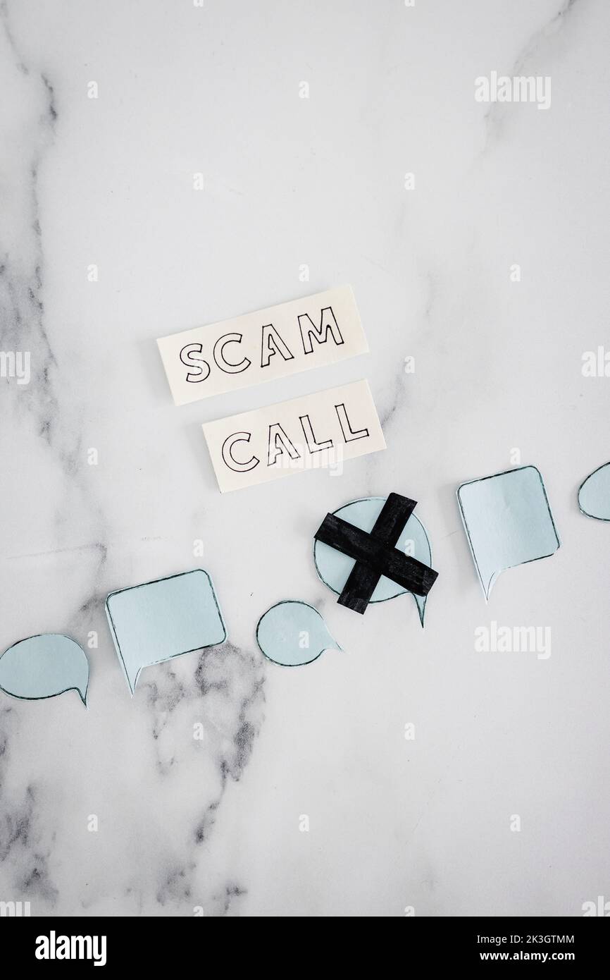 scam calls and personal data theft concept, text with comic bubbles ...
