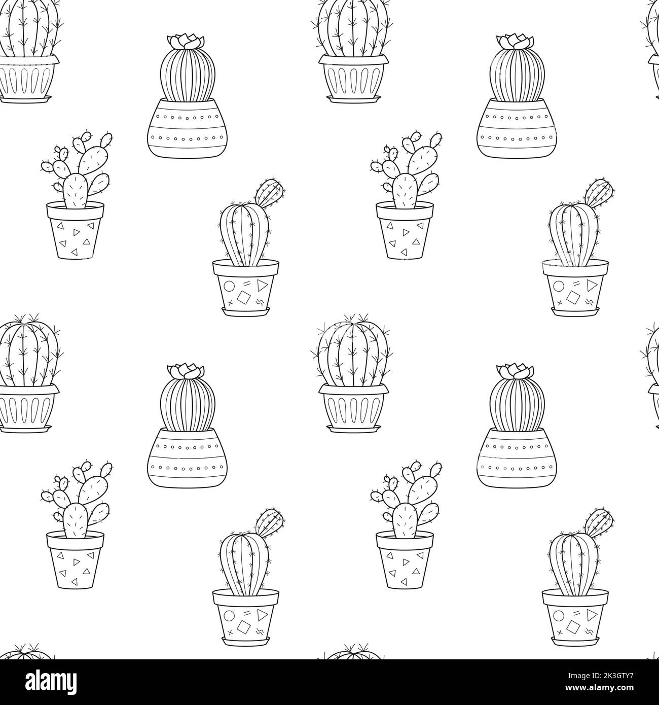 Seamless pattern with hand drawn doodle outline potted cactuses. Home ...