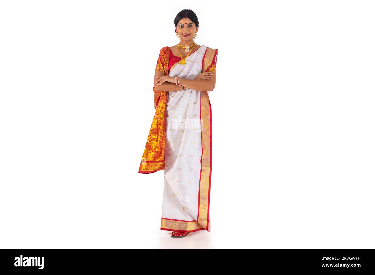 Portrait of Bengali woman in tradition clothing against white ...