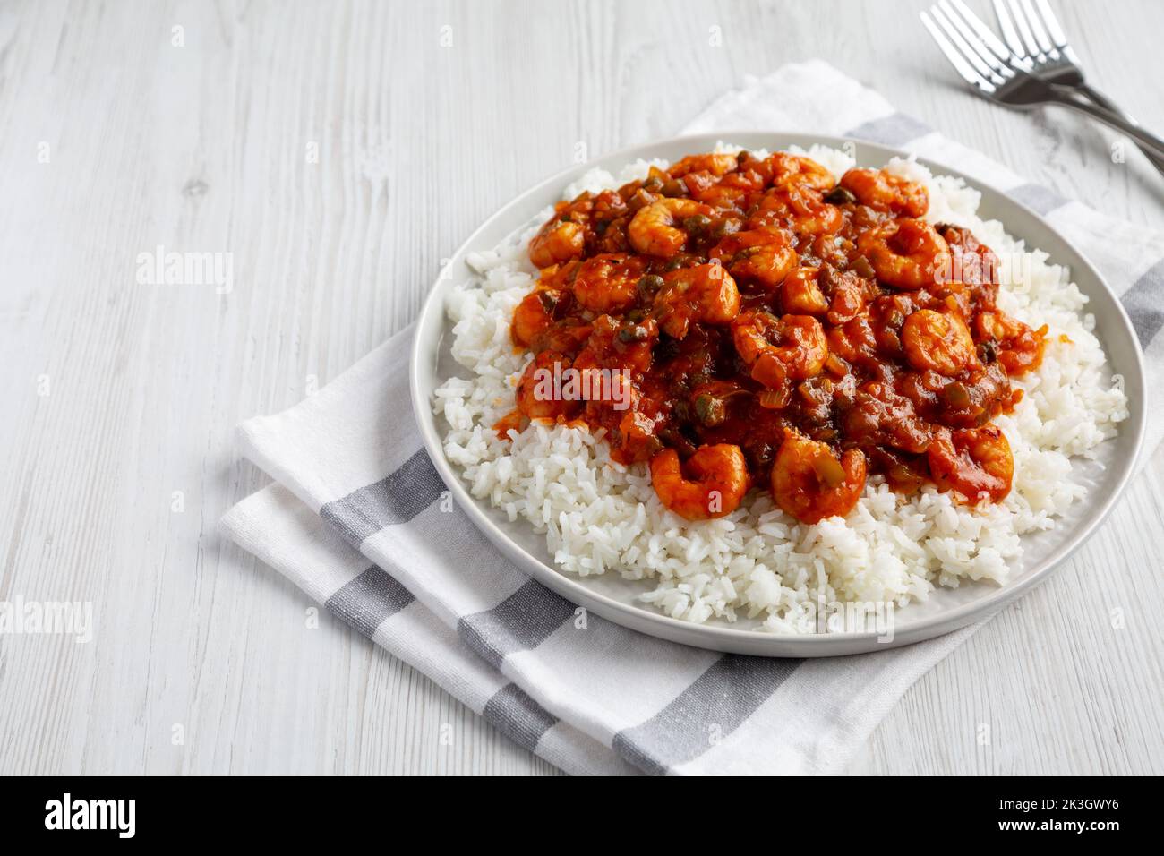 Homemade Cuban Shrimp Creole on a Plate, side view. Space for text ...