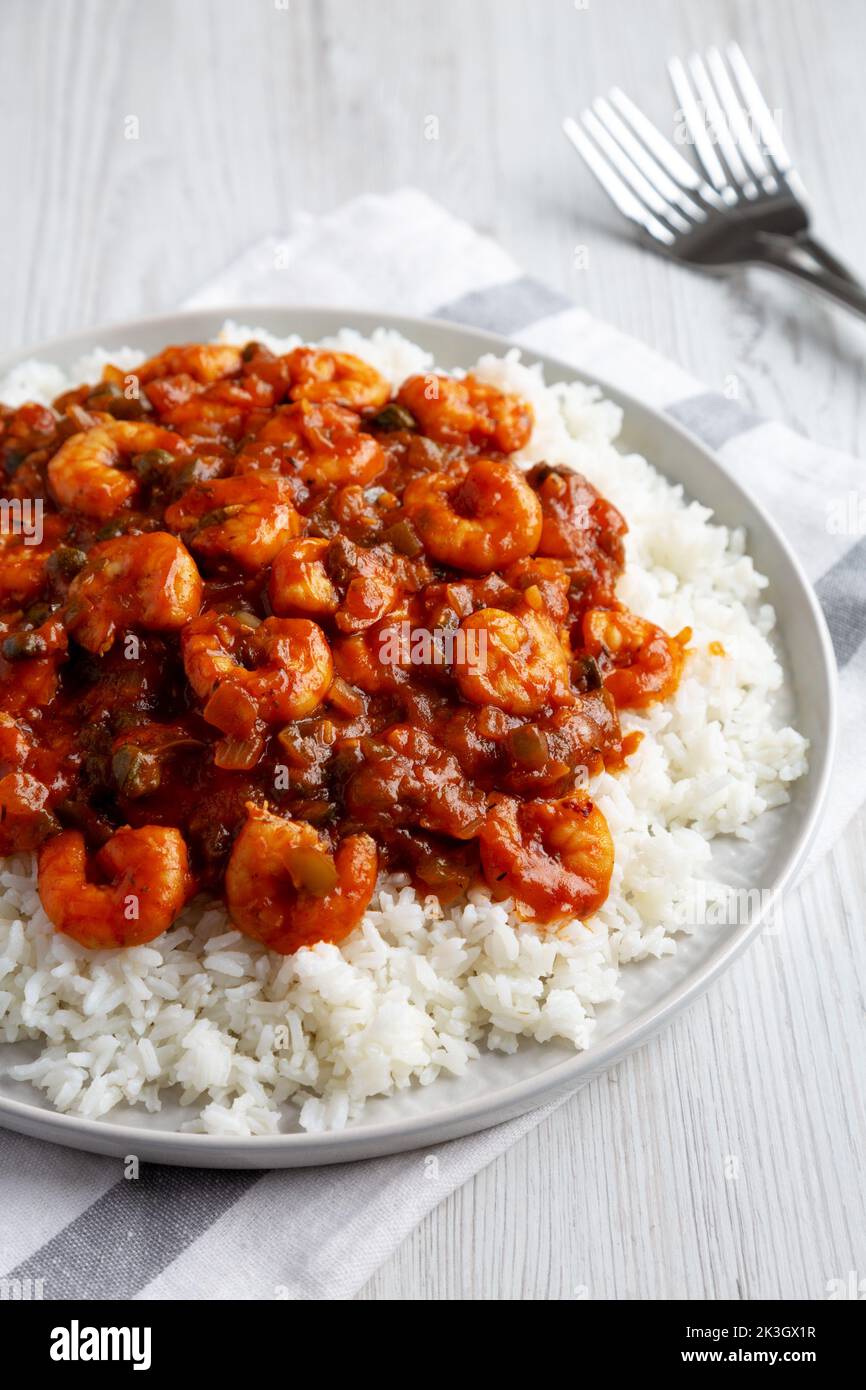 Homemade Cuban Shrimp Creole on a Plate, side view. Close-up Stock ...