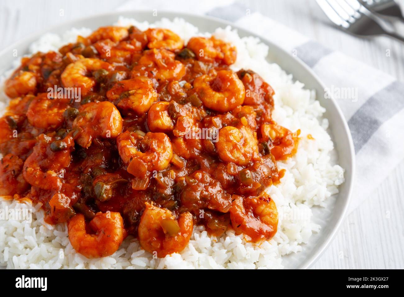 Homemade Cuban Shrimp Creole on a Plate, side view. Close-up Stock ...